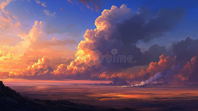 Dramatic Sunset Over a Vast, Flat Landscape with Cumulus Clouds Stock ...