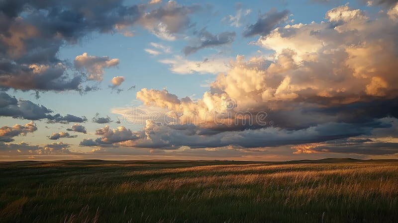 Dramatic Sunset Over Vast Prairie Grassland with Fluffy Clouds Stock ...