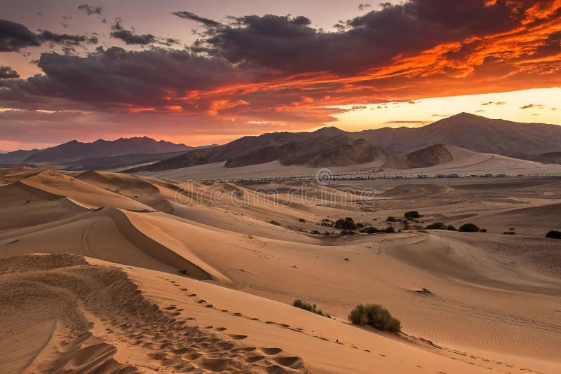 Dramatic Sunset Over Vast Sand Dunes and Mountains Stock Illustration ...