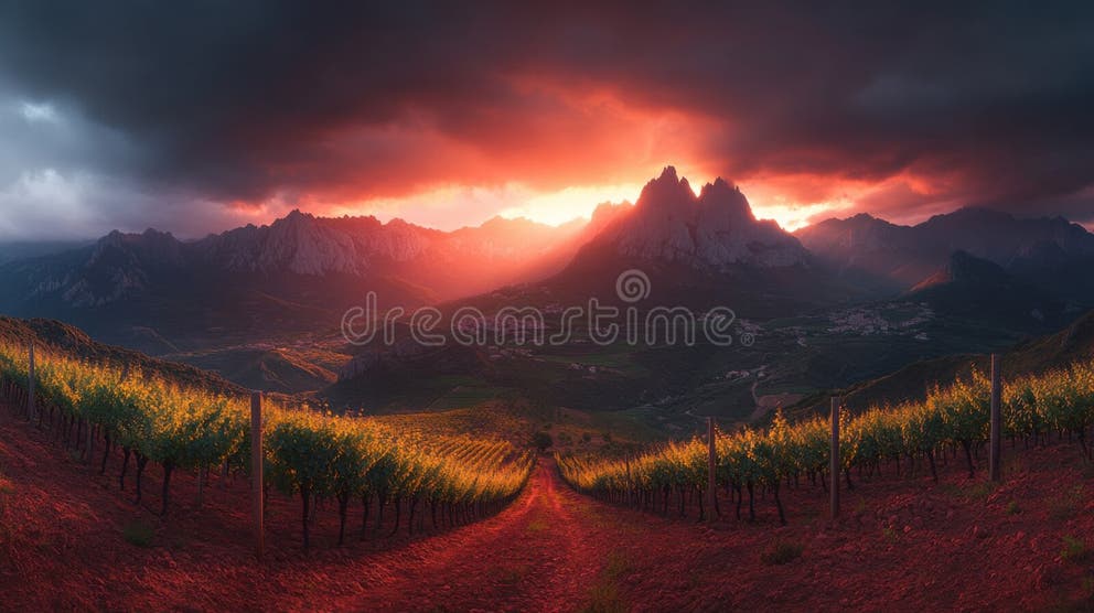 Dramatic Sunset Over Vineyard and Mountain Range Stock Image - Image of ...