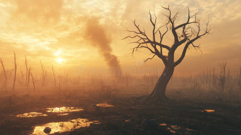 Dramatic Sunset Over a Visibly Burned Landscape with Dead Trees Stock ...