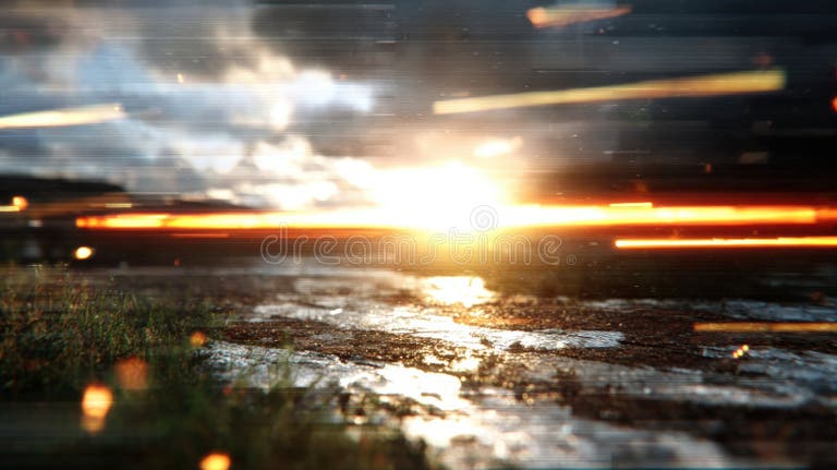 A Dramatic Sunset Over a Wet, Reflective Surface with Streaks of Light ...
