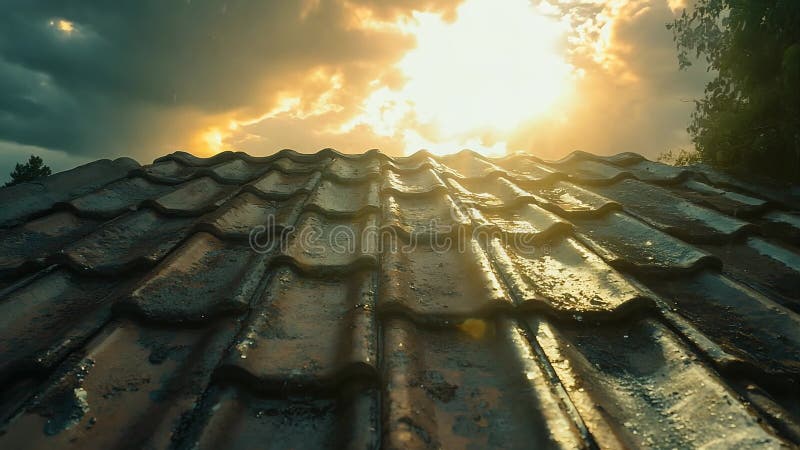 Dramatic Sunset Over Wet Roof with Dynamic Light Transitions Stock ...