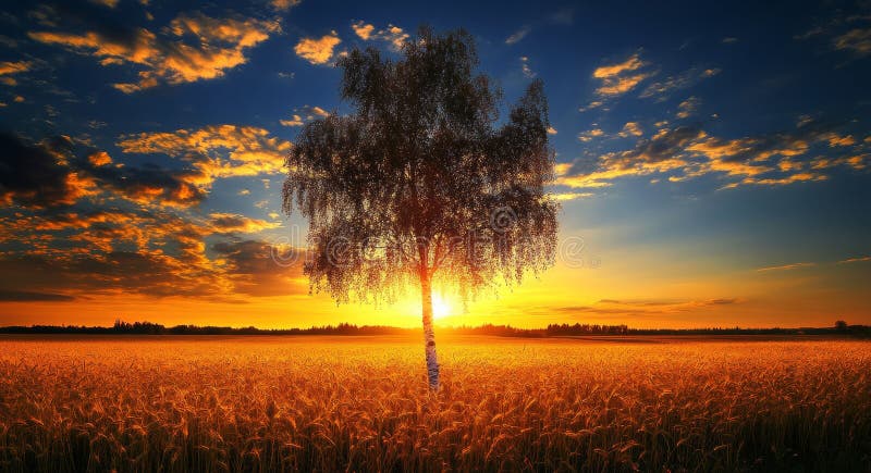 Dramatic Sunset Over a Wheat Field with a Lone Tree Standing ...