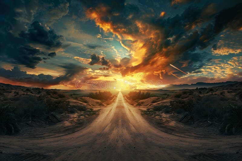 Dramatic Sunset Over a Winding Desert Road with Vibrant Clouds and Vast ...