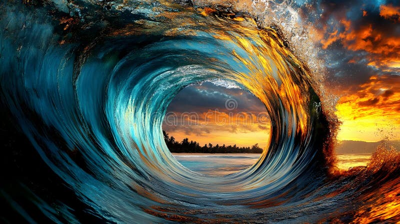 Dramatic Sunset through Powerful Ocean Wave Stock Illustration ...