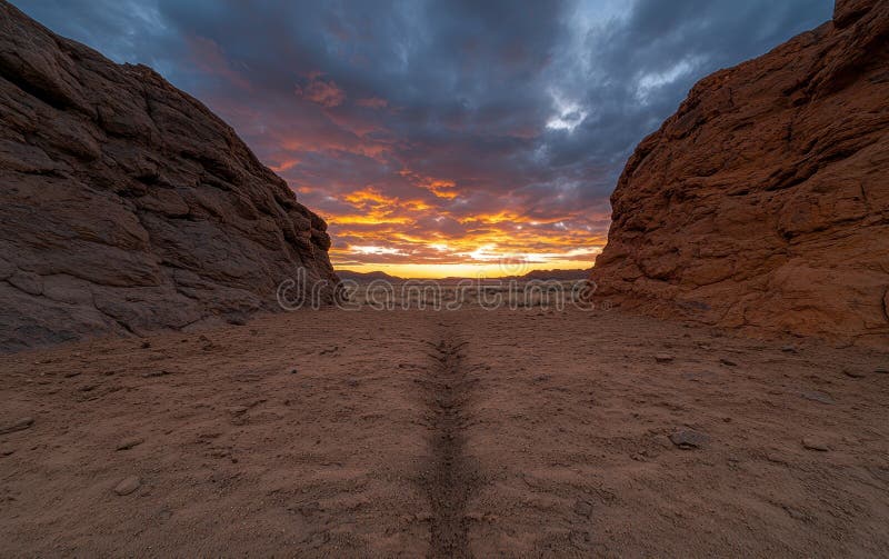 Dramatic Sunset between Rocky Cliffs in a Desert Landscape. Stock ...