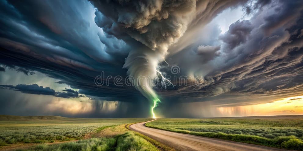 Dramatic Sunset with a Rotating Supercell and Lightning Strike Over a ...