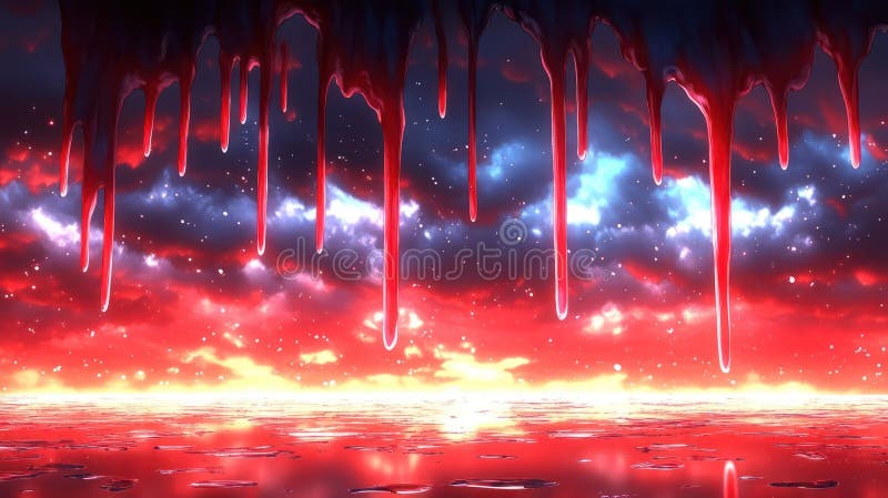 Crimson Sunset Reflection: Blood-Red Sky and Water Stock Illustration ...