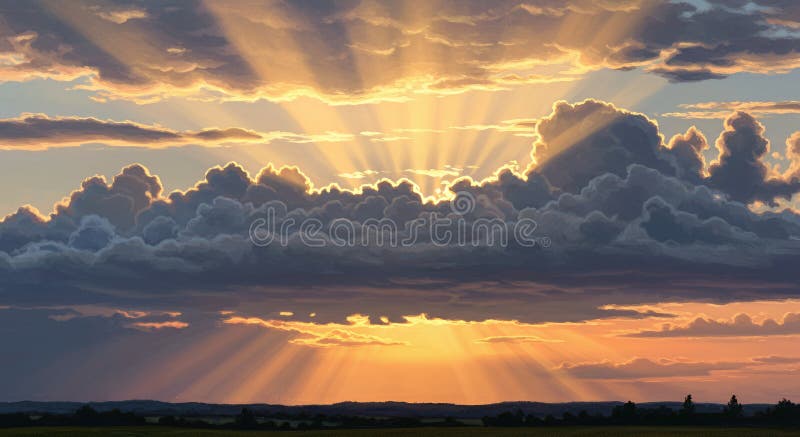 Dramatic Sun Rays Breaking through Large Dark and Glowing Clouds Stock ...