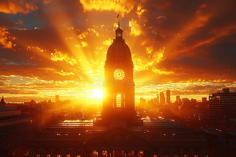 Dramatic Sunset Silhouette of a Clock Tower in a City Skyline. Golden ...