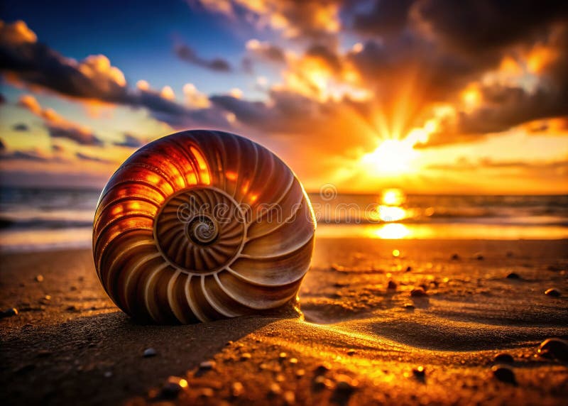 Dramatic Sunset Silhouette of a Complete Dirty Nautilus Shell on the ...
