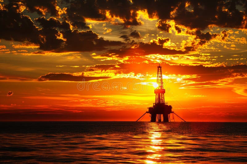 Dramatic Sunset with Silhouette of Oil Rig on the Sea - Offshore Oil ...
