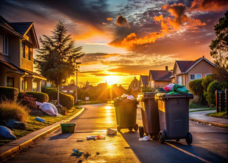 Dramatic Sunset Silhouette of Overflowing Trash Cans in Front of a ...