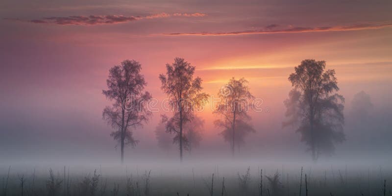 Dramatic Sunset through Silhouette Trees in a Foggy Field Stock Photo ...