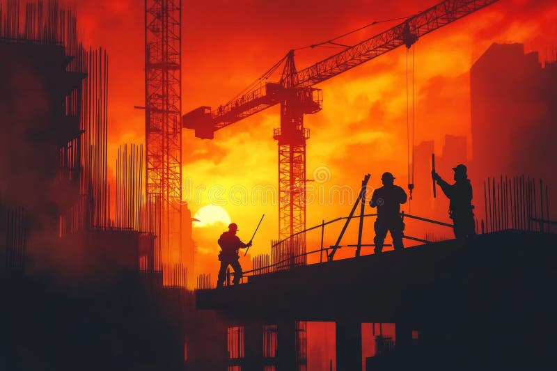 Dramatic Sunset Silhouettes of Construction Workers on Elevated ...