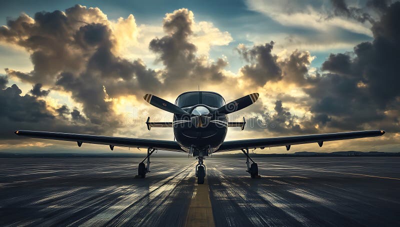 Dramatic Sunset Single Propeller Airplane on Runway, Front View Stock ...
