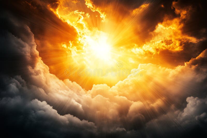 Dramatic Sunset Sky Background with Dark Clouds and Radiant Sunlight Breaking through in a ...
