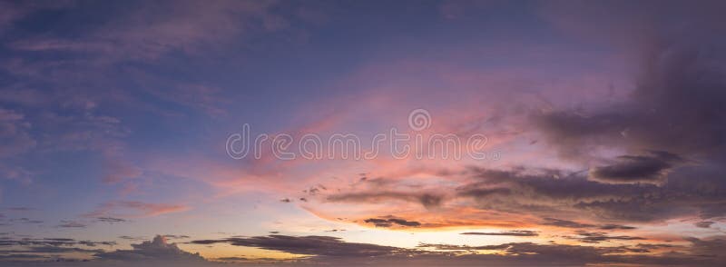 Dramatic Sunset Sky Covered with Colorful Yellow Clouds. Panoramic ...