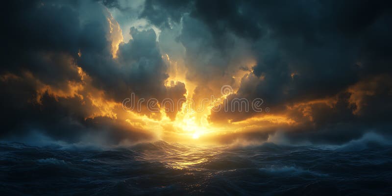 Dramatic Sunset Sky Dark Clouds Golden Light Ocean Horizon Stock ...