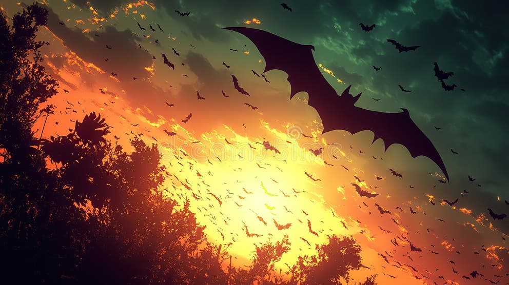A Dramatic Sunset Sky Filled with Bats, Silhouettes of Trees, and a ...