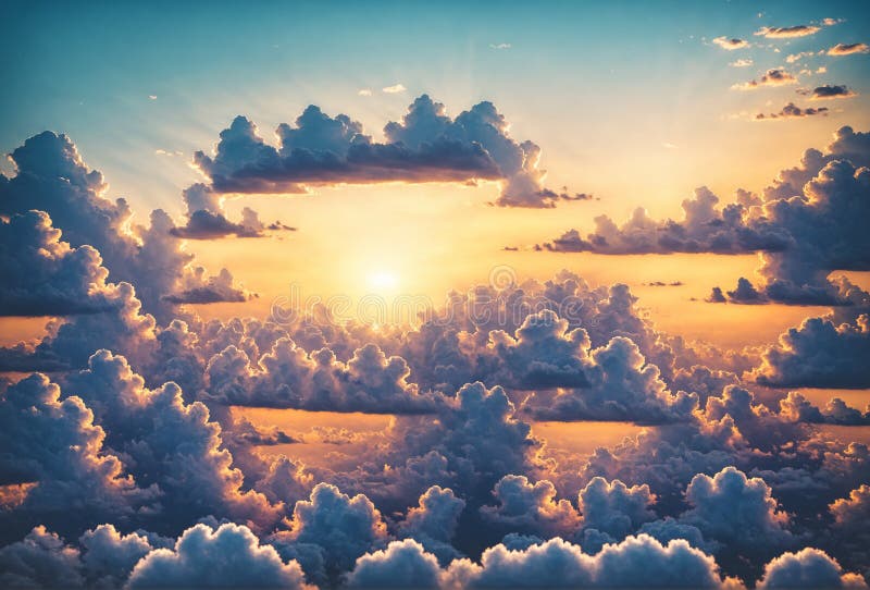 Dramatic Sunset Sky with Fluffy Clouds and Sun Rays Stock Illustration ...
