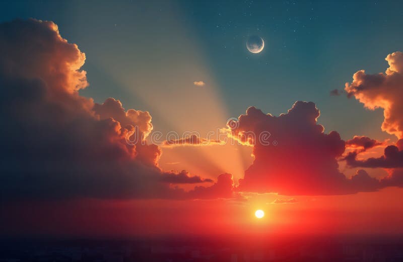 Dramatic Sunset Sky with Huge Clouds. Intense Red Glow Illuminates ...