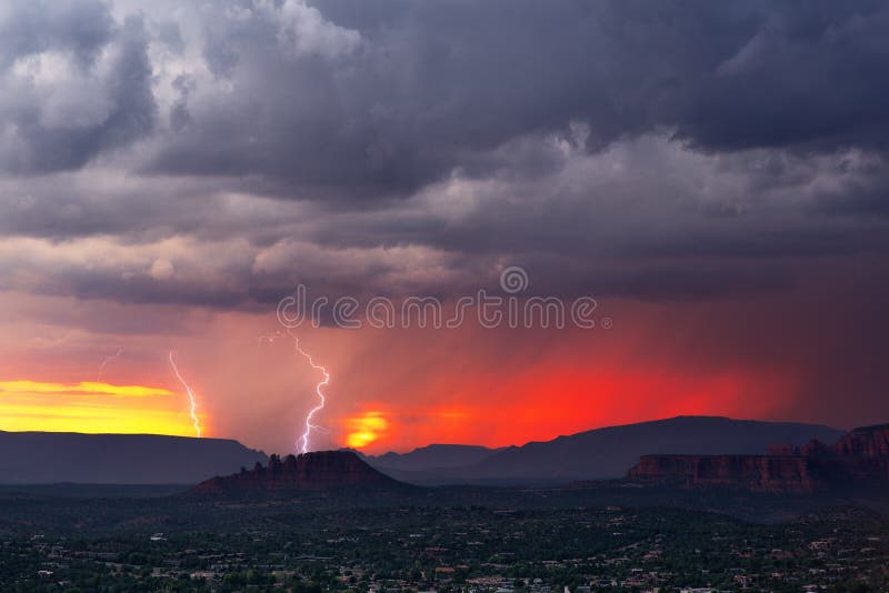 Dramatic Sunset Sky with Lightning and Storm Clouds Stock Image - Image ...