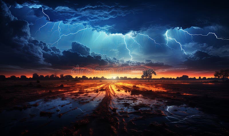 Dramatic Sunset Sky with Lightning Stock Photo - Image of striking ...