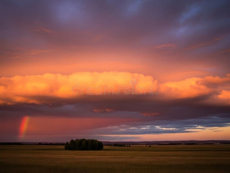Dramatic Sunset Sky Over Golden Fields Rainbow Stock Illustration ...