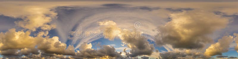 Dramatic Sunset Sky Panorama with Cumulus Clouds. Seamless Hdr 360 Pano ...