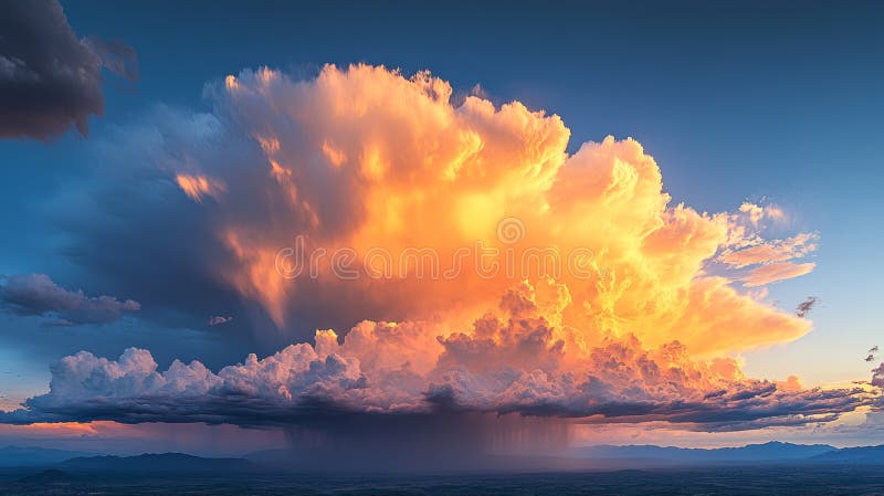Dramatic Sunset Sky with Raining Storm Cloud and Mountain Range Stock ...