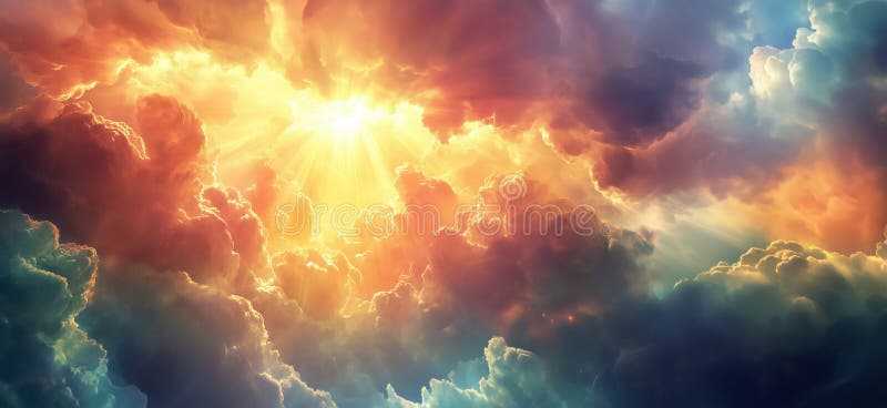 Dramatic Sunset Sky with Vibrant Clouds and Radiant Sunlight Breaking ...