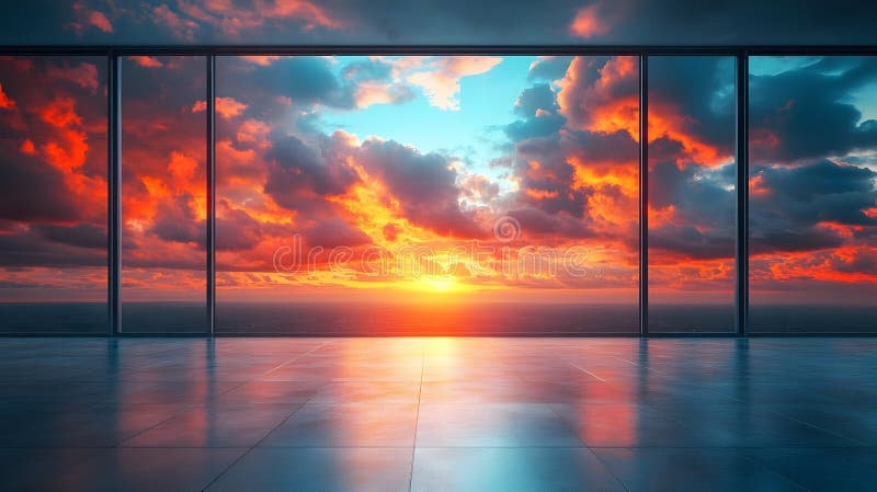 Dramatic Sunset Sky View through Large Windows - Realistic 3D Render ...