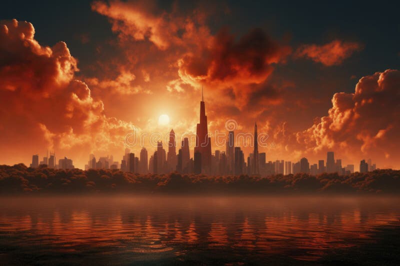 Dramatic Sunset Skyline Reflection Over Water Stock Image - Image of ...