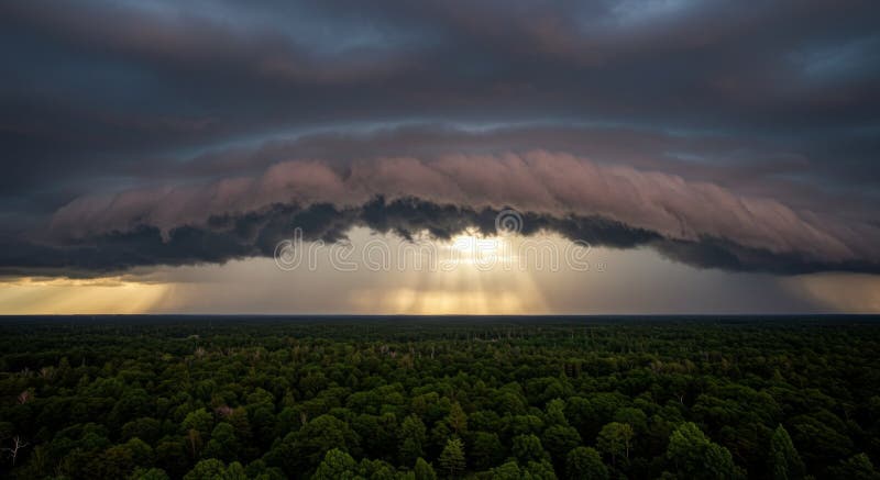 Dramatic Sunset Storm Clouds Over Forest Landscape Stock Illustration ...