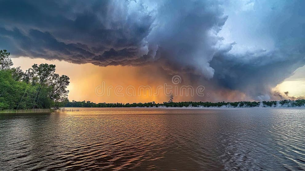 Dramatic Sunset Storm Clouds Over Lake Stock Image - Image of energy ...