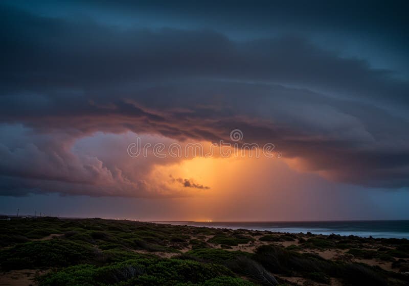 Dramatic Sunset Storm Clouds Over Ocean Beach Stock Illustration ...