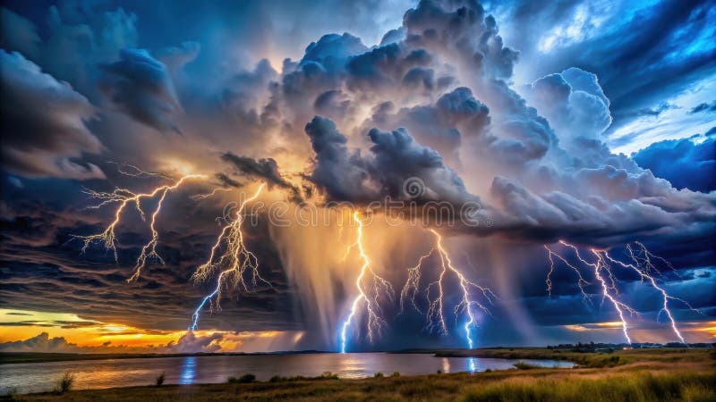 Dramatic Sunset Storm with Multiple Lightning Strikes Over Calm Water ...