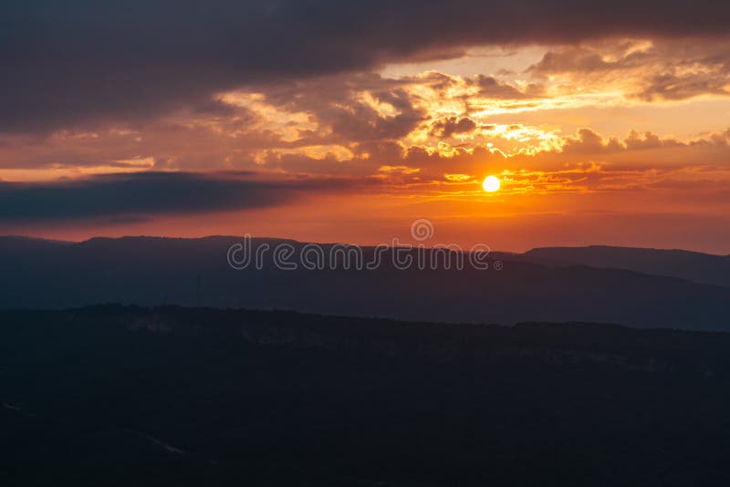 Dramatic Sunset Summer Landscape in Mountains with Sun at Dawn Stock ...