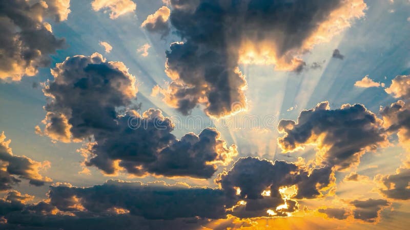 Dramatic Sunset with Sun Rays through Dark Clouds, Beautiful Sky ...