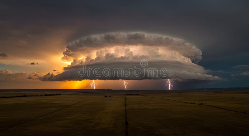 Dramatic Sunset Supercell Thunderstorm with Multiple Lightning Strikes ...