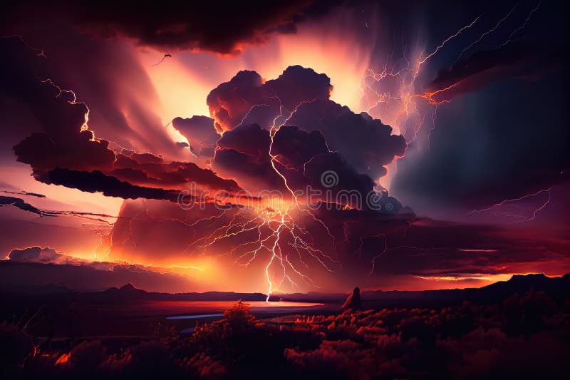 Dramatic Sunset, with Thunderclouds and Lightning Visible in the Sky ...