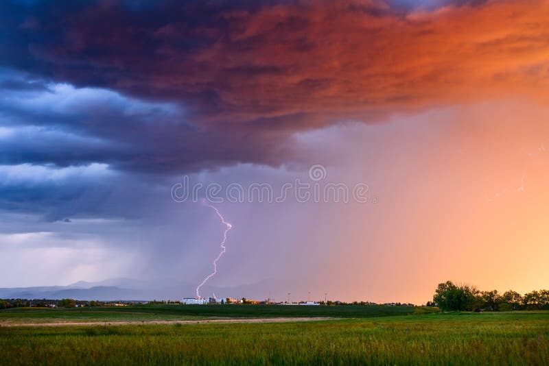 Dramatic Sunset Thunderstorm Lightning Bolt Stock Image - Image of ...
