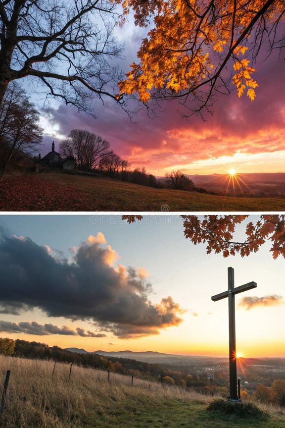 Dramatic Sunset with Twilight Color Sky and Clouds, Cross Silhouette ...