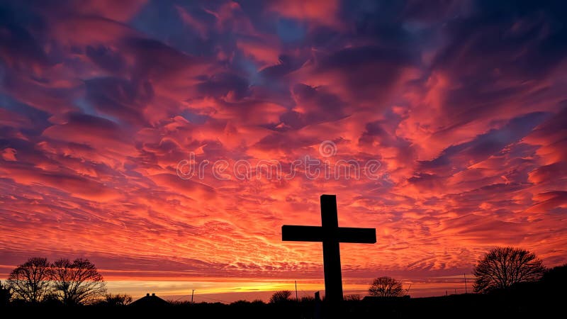 Dramatic Sunset with Vibrant Clouds and Silhouette of Cross in the ...