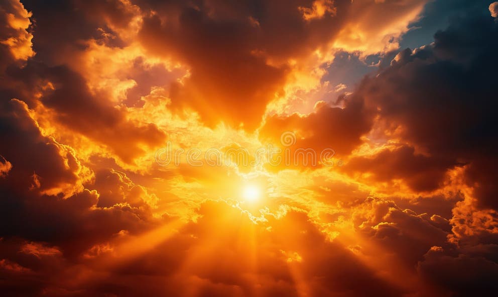 Dramatic Sunset with Vibrant Orange Clouds and Sun Rays Illuminating ...