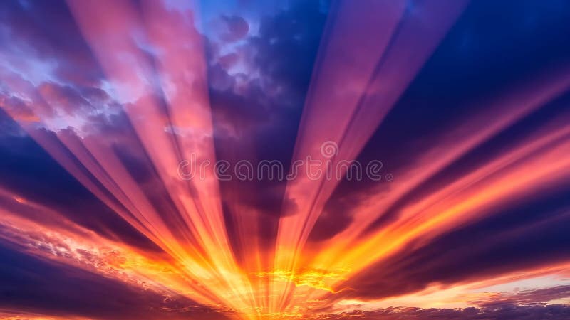 Dramatic Sunset with Vibrant Sun Rays Piercing through Clouds Stock ...