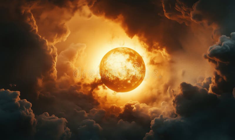 Dramatic Sunset with Vibrant Sun Surrounded by Dark, Swirling Clouds ...