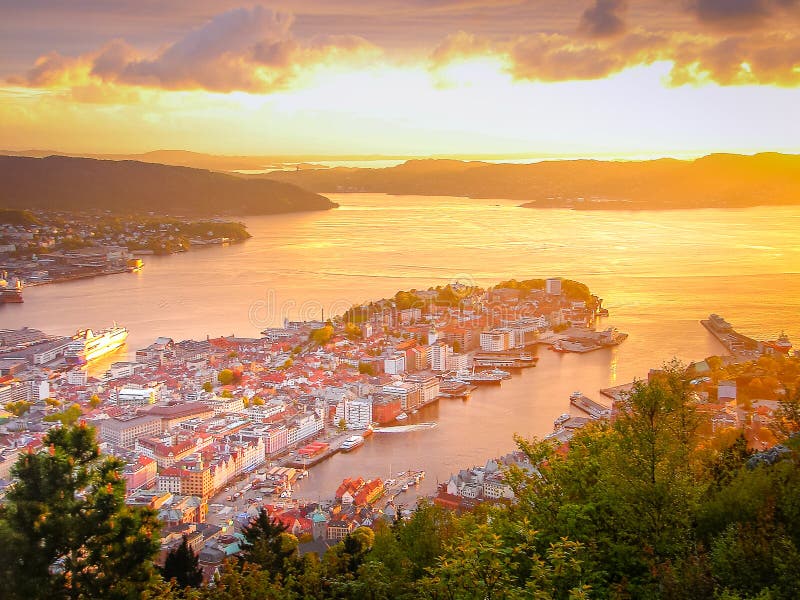 Dramatic Sunset View of Bergen from Floyen Mountain, Norway Stock Image ...